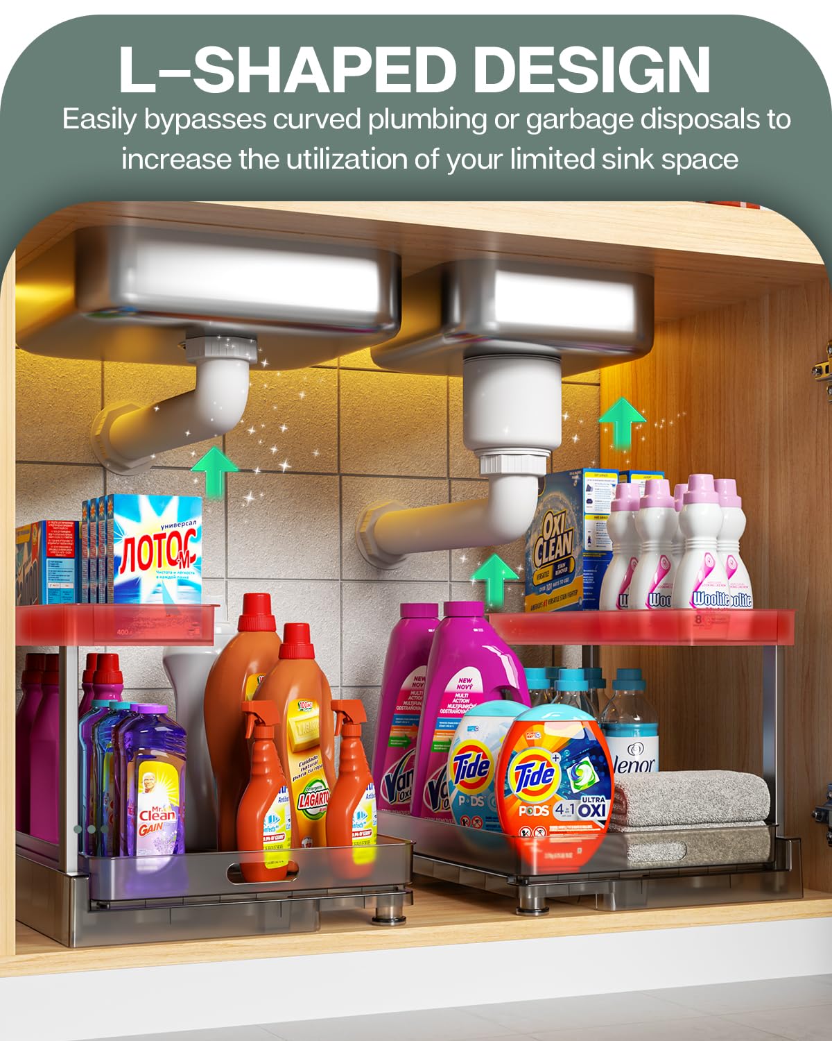 2 Pack Under Sink Organizer and Storage, 2 Tier Sliding Under Sink Shelf, L Shaped Pull Out Cabinet Basket Organizer, Multi-Purpose Slide Out Organizer Rack for Bathroom, Kitchen