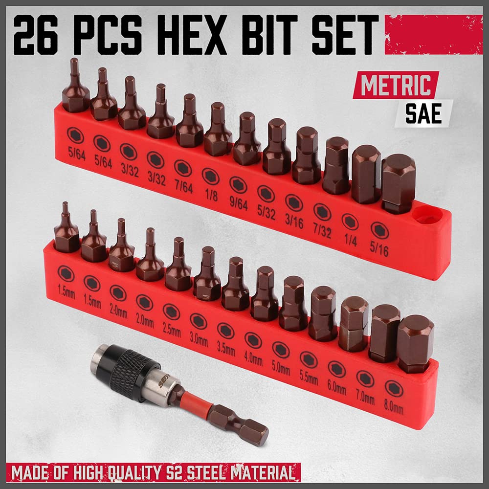 25-Piece Hex Bit Set - Premium Allen Key Drill Bit Set, Durable Allen Wrench Drill Bits, Hex Ket Drill Bit Set & Quick Change Bit Holder, SAE Metric Hex Drill Bit Set Strong Magnetic Tips