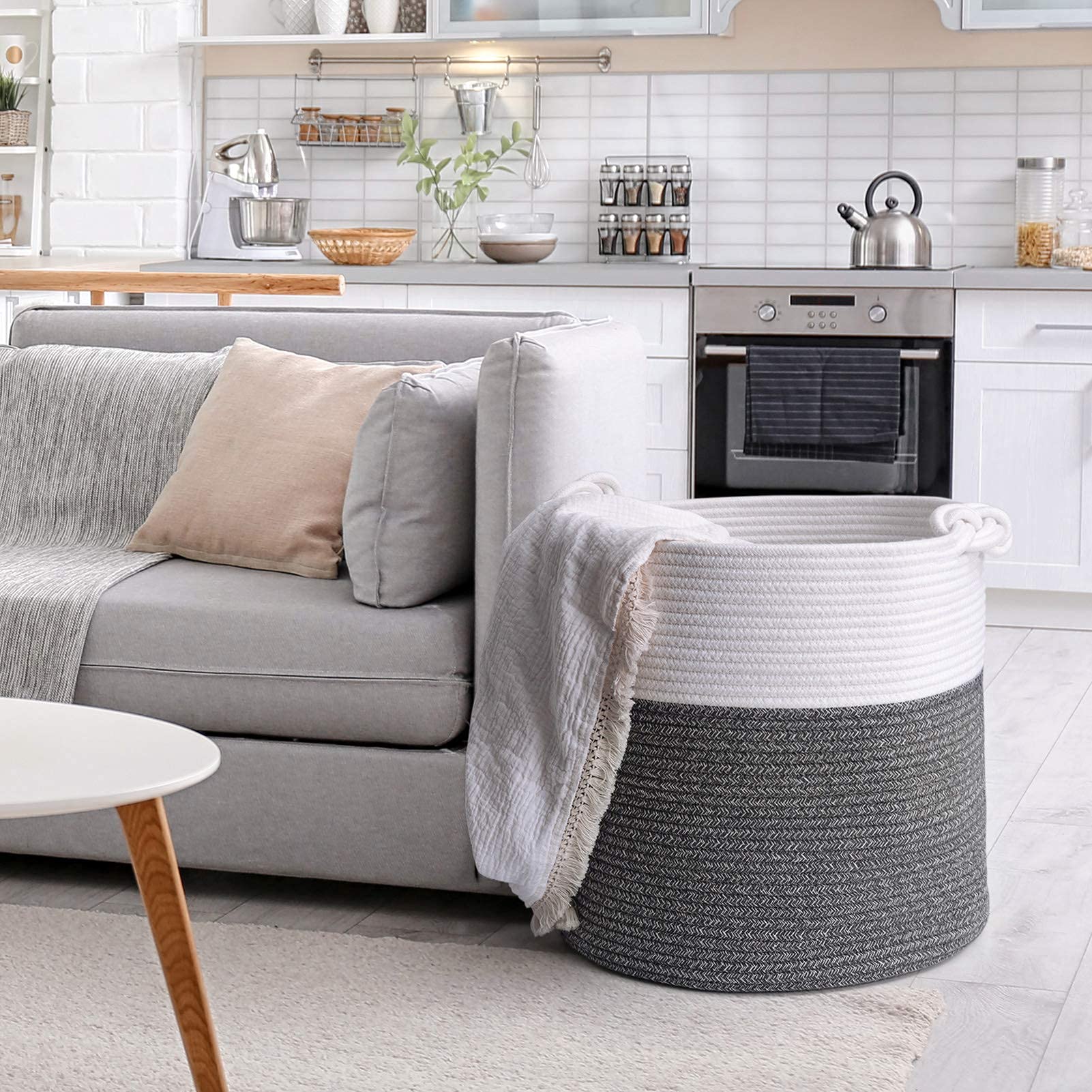 INDRESSME Grey XXXL Large Storage Basket Baby Nursery Basket and Large Woven Blanket Basket with Handles (Set of 2)