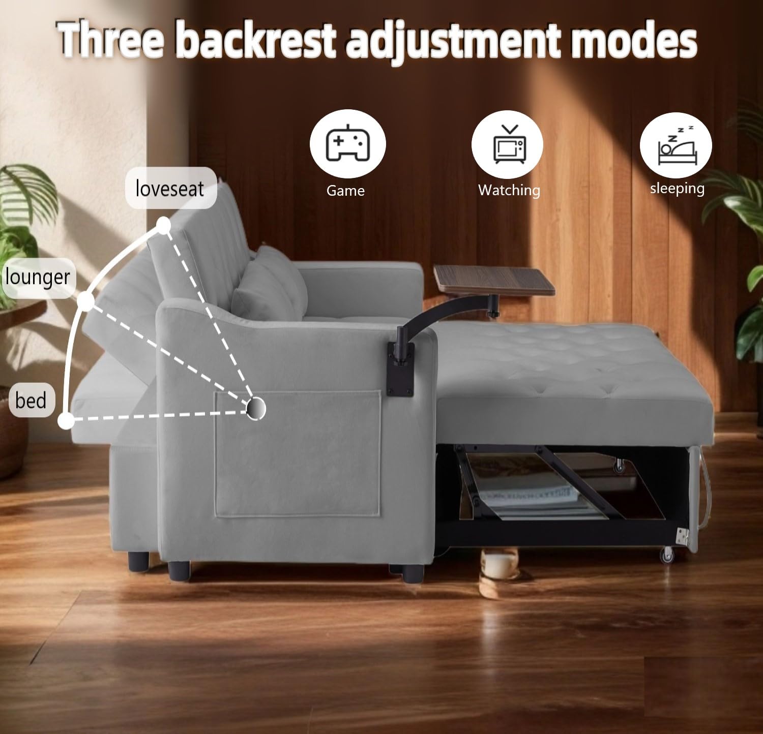 3-in-1 Multi-Functional Velvet Sleeper Sofa Pull Out Bed, 53'' Convertible Sofa Bed with Adjustable Backrest and Pillows, 360 Degree Swivel Side Table for Living Room, Small Space (Grey)