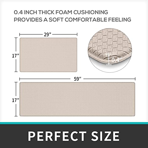 DEXI Kitchen Rugs and Mats Cushioned Anti Fatigue Comfort Mat Non Slip Standing Rug 2 Pieces Set 17"x29"+17"x59",Beige White