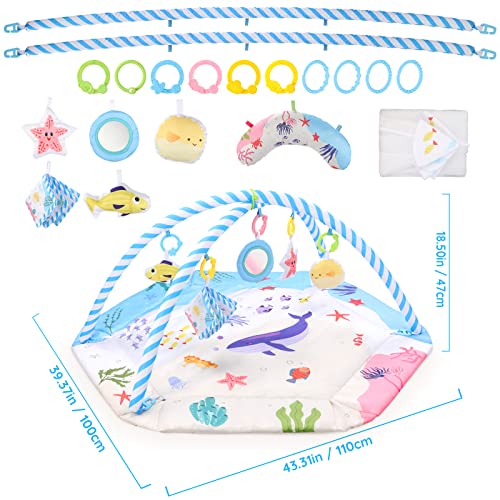 5-in-1 Baby Play Mat, Thickened Tummy Time Mat & Ball Pit Ocean Theme Baby Activity Mat with Net, Non-Slip & Washable for 3-18M Baby Motor&Cognition Development, 39.4x43.3x18.5 Inch