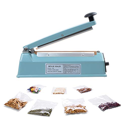 8" (200mm) Impulse Sealer 300w- Manual Plastic Poly Bag Heat Sealing Machine Closer Kit w/Adjustable Timer, Portable with Free Replacement Element Grip and Teflon Tape
