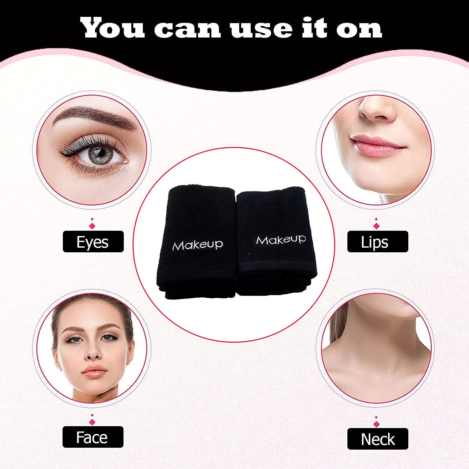 Makeup Remover Face Towels 6pack - 13" x 13" Black Turkish Cotton Washcloths with Makeup Headband - Super Soft Makeup Remover Cloths Perfect Holiday Gift