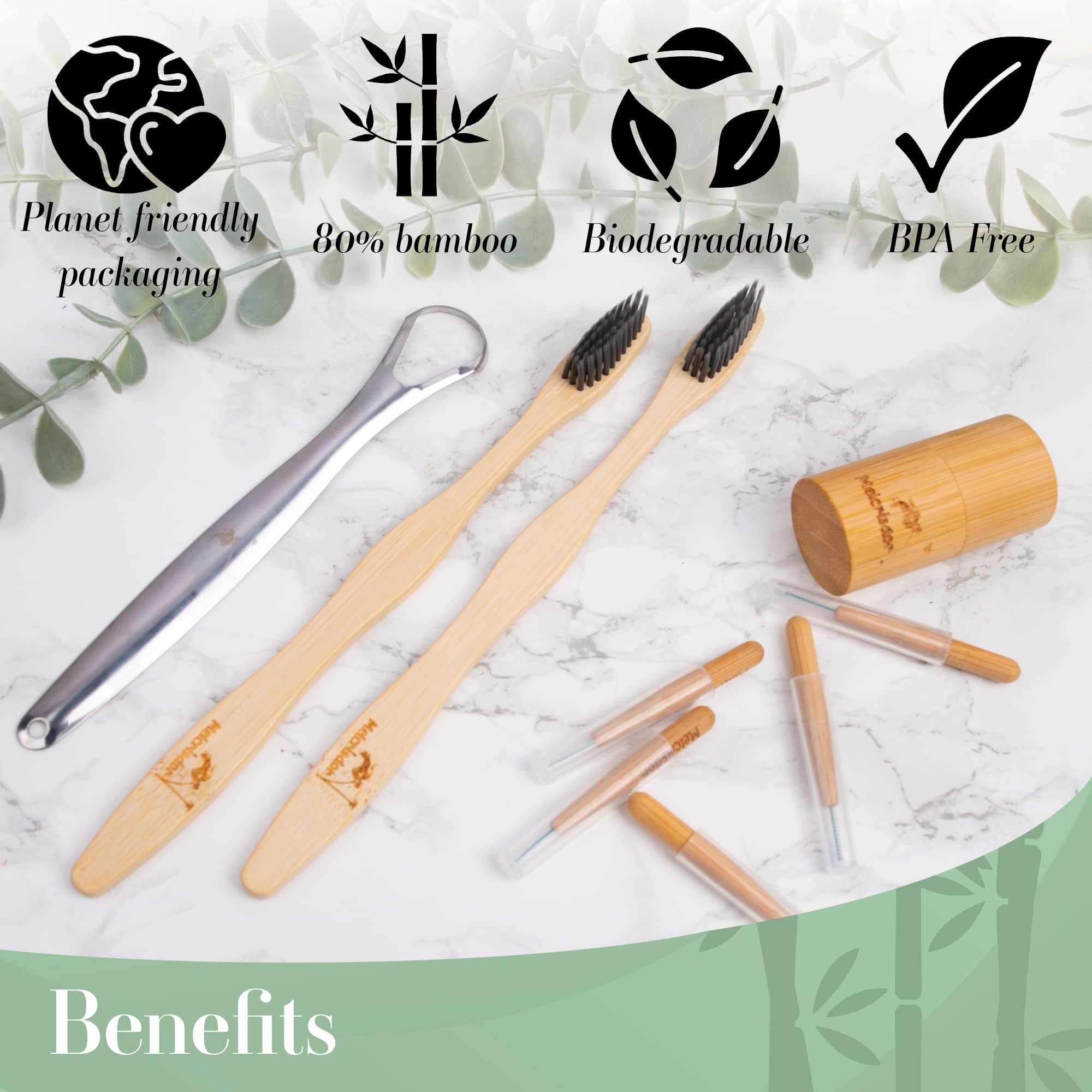 Bamboo Toothbrushes Set - Holder Charcoal Dental Floss,Interdental Brushes and Metal Tongue Scraper