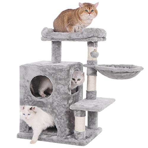 BEWISHOME Cat Tree Condo with Sisal Scratching Posts, Plush Perch, Dual Houses and Basket, Cat Tower Furniture Kitty Activity Center Kitten Play House, Light Grey MMJ06L