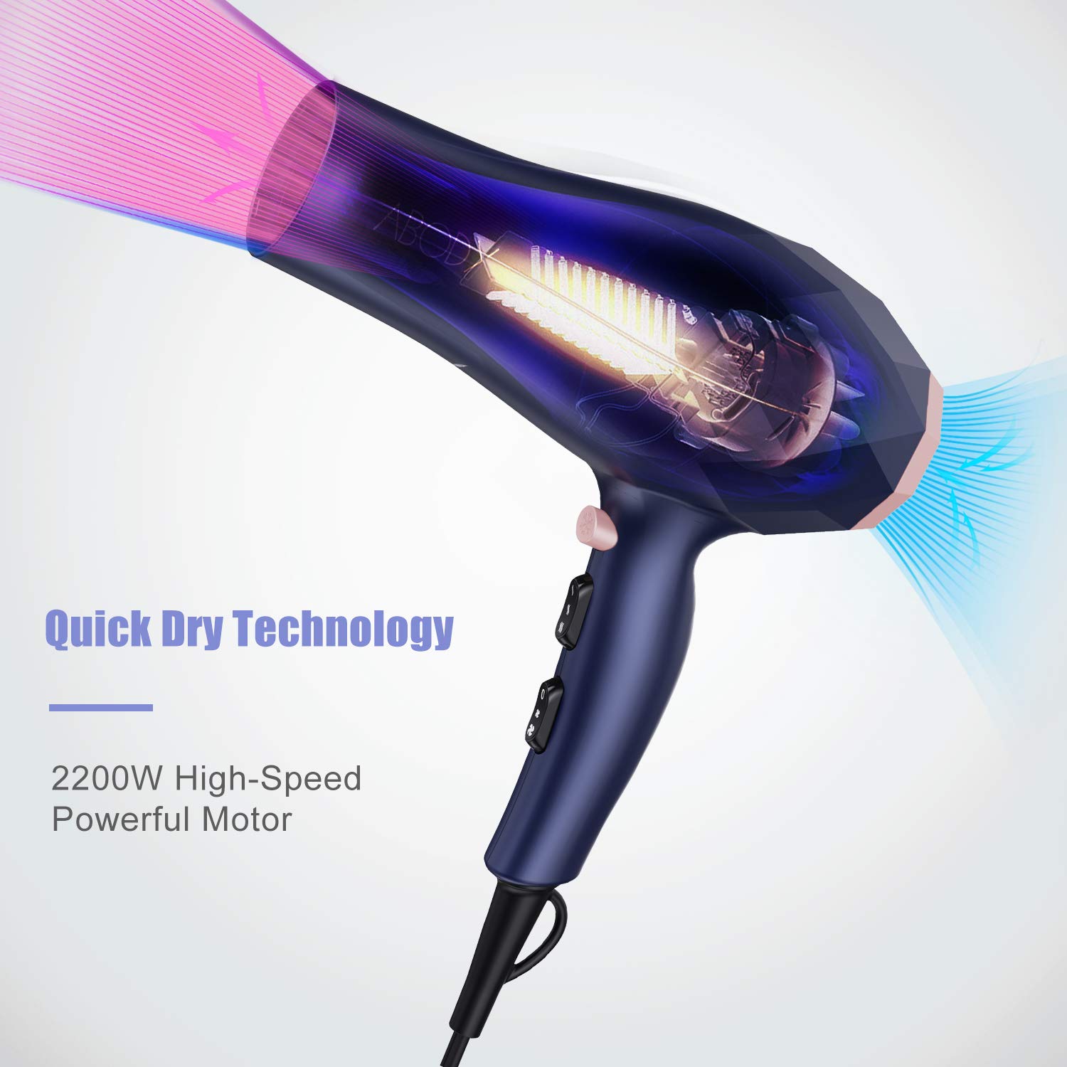 1875W Professional Hair Dryer, Negative Ion Blow Dryer 2 Speed and 3 Heat Setting, Quick Dry Light Weight Low Noise Hair Dryers with Diffuser & Concentrator & Comb