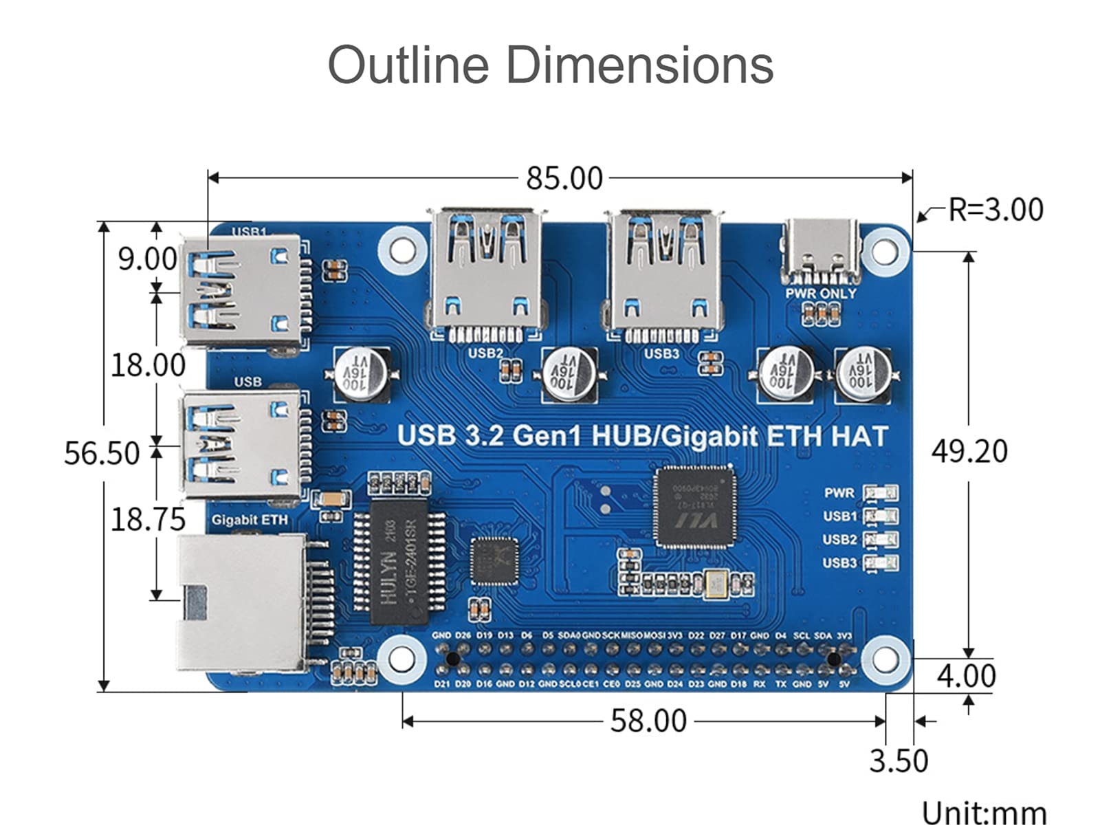 waveshare 3 Ports USB 3.2 Gen1 Hub HAT for Raspberry Pi, with 1000M/100M/10M Gigabit Ethernet Port, USB 3.2 Gen1 Ports Compatible with USB 3.0/2.0/1.1, Driver-Free, Plug & Play