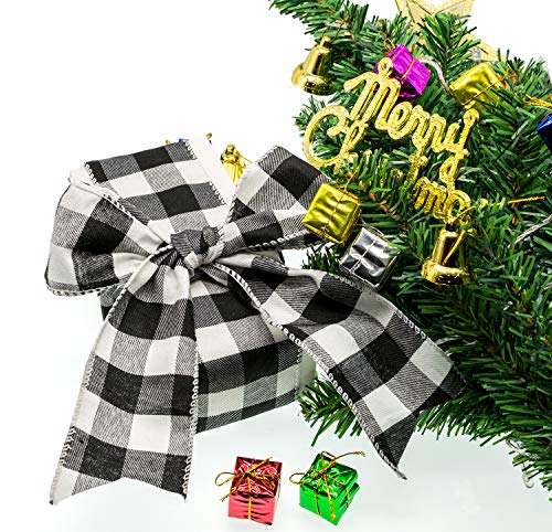 ATRBB White and Black Buffalo Plaid Ribbon Wired Edge Gingham Ribbon for Christmas Decoration and Bows Craft,10 Yards by 2.48 Inches (Style 1)