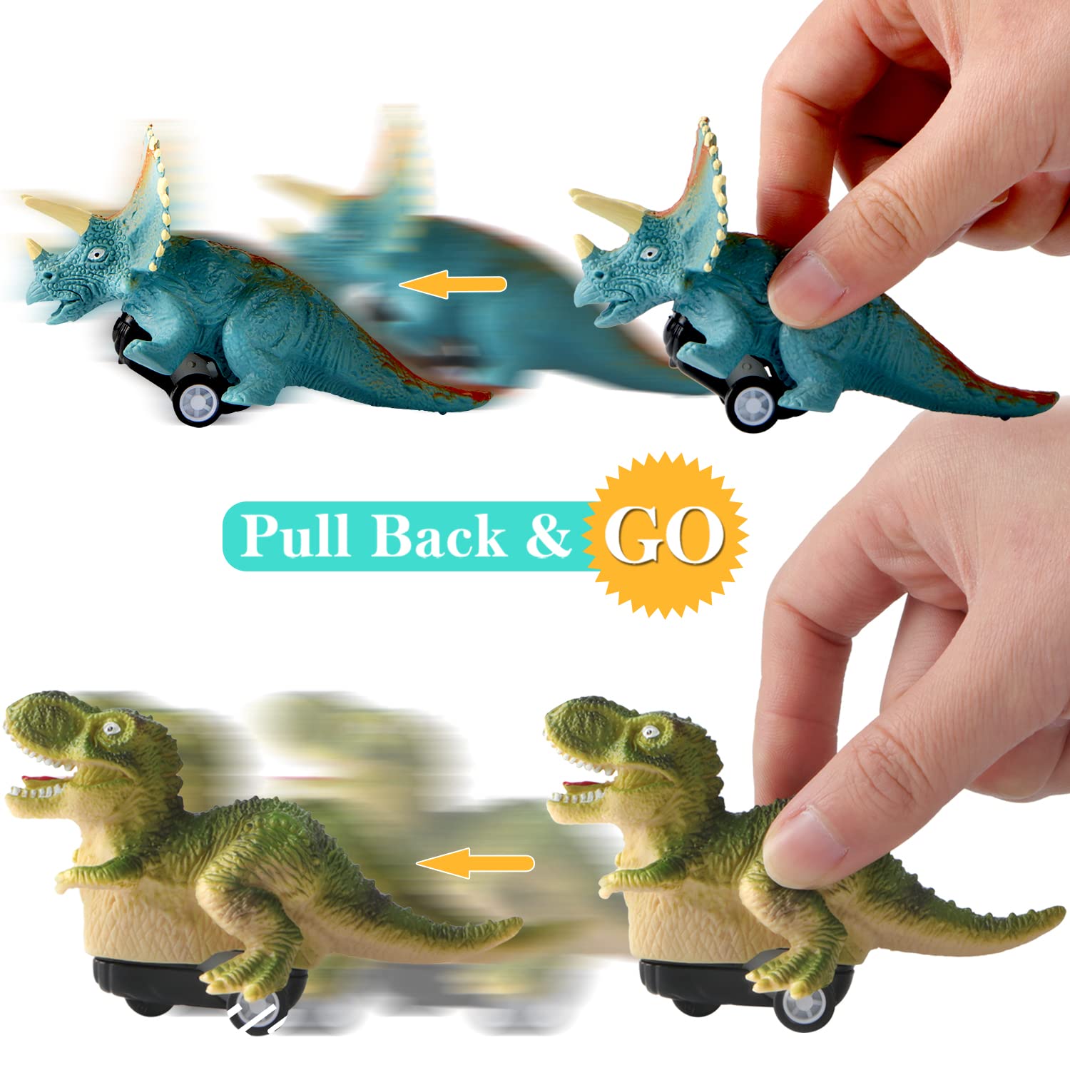 4 Pack Prefilled Easter Eggs with Dinosaur Pull Back Cars, Jumbo Plastic Easter Eggs with Toys Inside for Easter Basket Stuffers, Party Favors Gifts for Toddler Kids Boys Girls