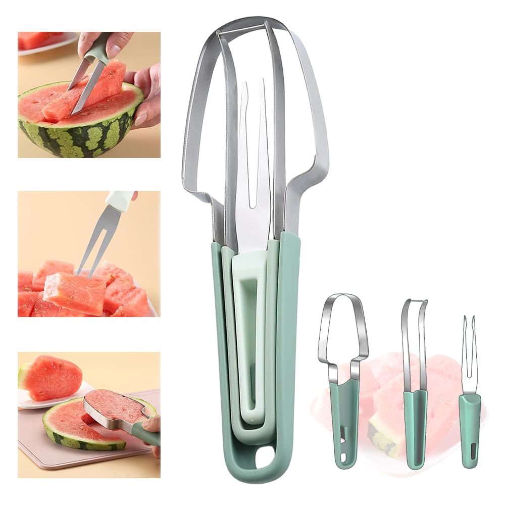 3-in-1 watermelon cutter slicer tool,watermelon knife stainless watermelon slicer watermelon fork ,fruit cutter slicer kitchen gadgets - Green