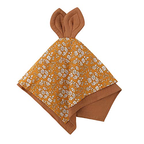 Baney Bunny Rabbit Security Blanket | Muslin Cotton Organic Lovey | Soft Soothing Blankie | Infant Baby Toddler Toy (Rust Mustard Floral)