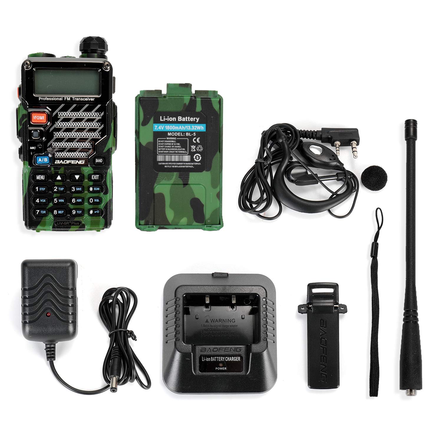 BAOFENG UV-5R+ Plus Two Way Radio, Long Range for Adults Rechargeable with Earpiece, Walkie Talkie for Outdoors, 144-148 420-450MHz, Qualette Series, Jungle Camouflage