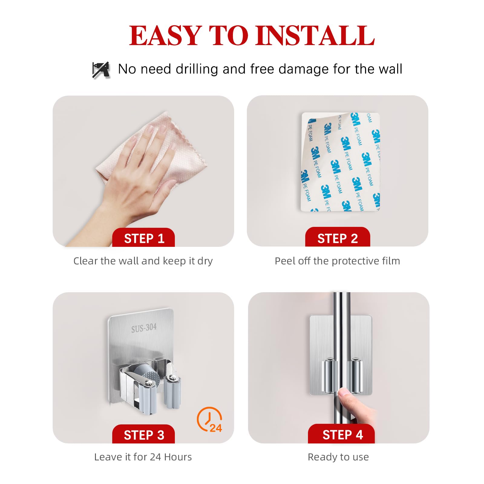 2PCS Broom Holder Wall Mount Self Adhesive Mop and Broom Holder Stainless Steel Broom Hanger Heavy Duty for Laundry Storage Bathroom Kitchen Garage