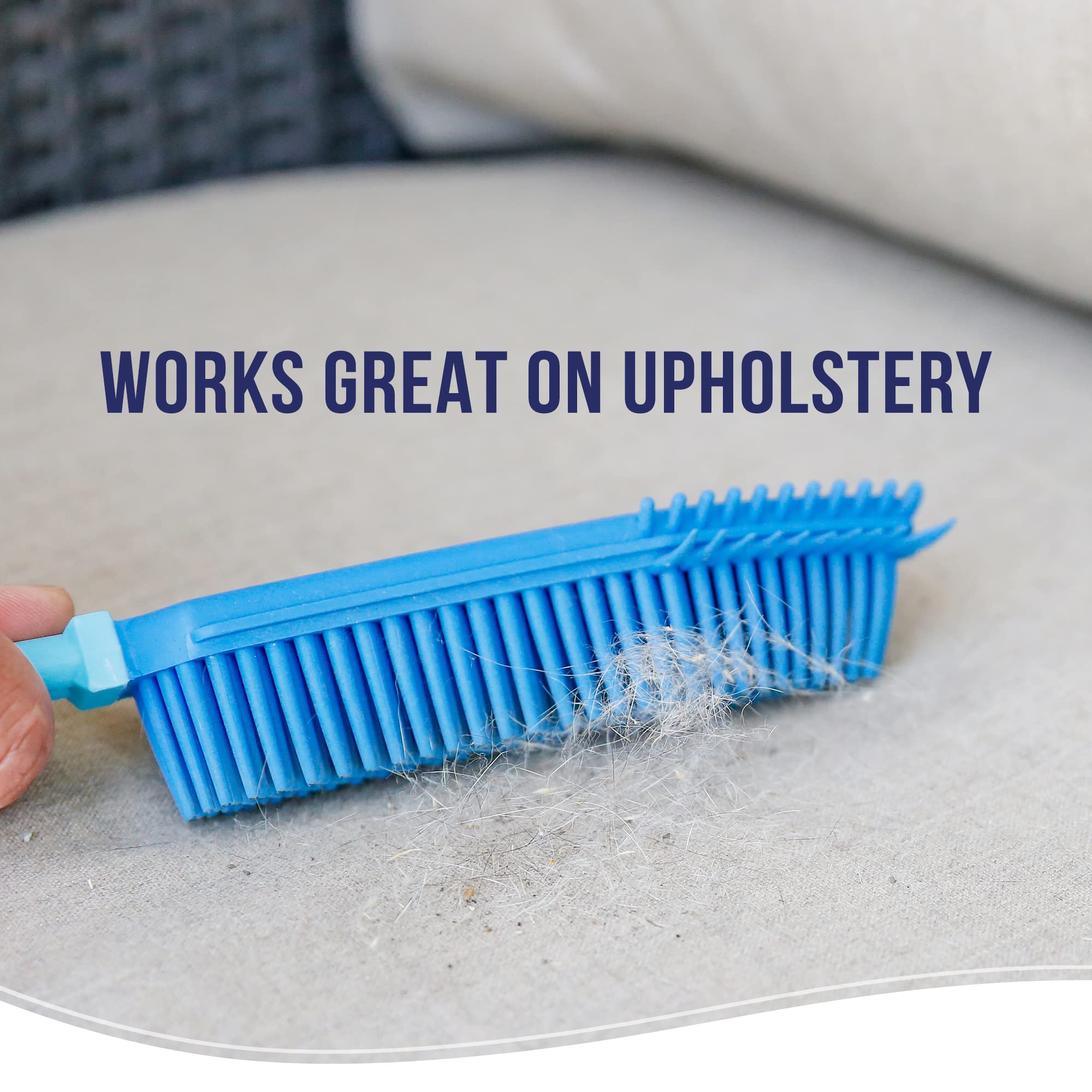 Don Aslett's Rubber Broom (12") and Hand Brush (10") Set | 59-inch Steel Pole | Multipurpose Synthetic Rubber Bristles Cleans Pet Cat or Dog Hair, Liquid Spills on Concrete & Hardwood Surface (Blue)