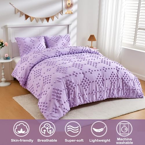 3-Piece Queen Size Kids Bedding Set for Girls Purple Boho Tufted Dots Jacquard Pom Pom Tufts Embroidery Bed-in-a-Bag Bohemian Kids Comforter Set for Boys with Comforter, 2 Pillowcase