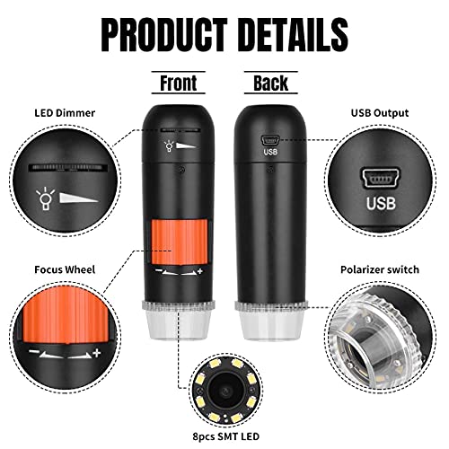 Digital USB Microscope with Polarizer, True 5MP Handheld Coin Digital Microscope with Metal Stand Compatible with Windows and MacBook for SMD Soldering Work Jewelers Coins Collection (5MP)