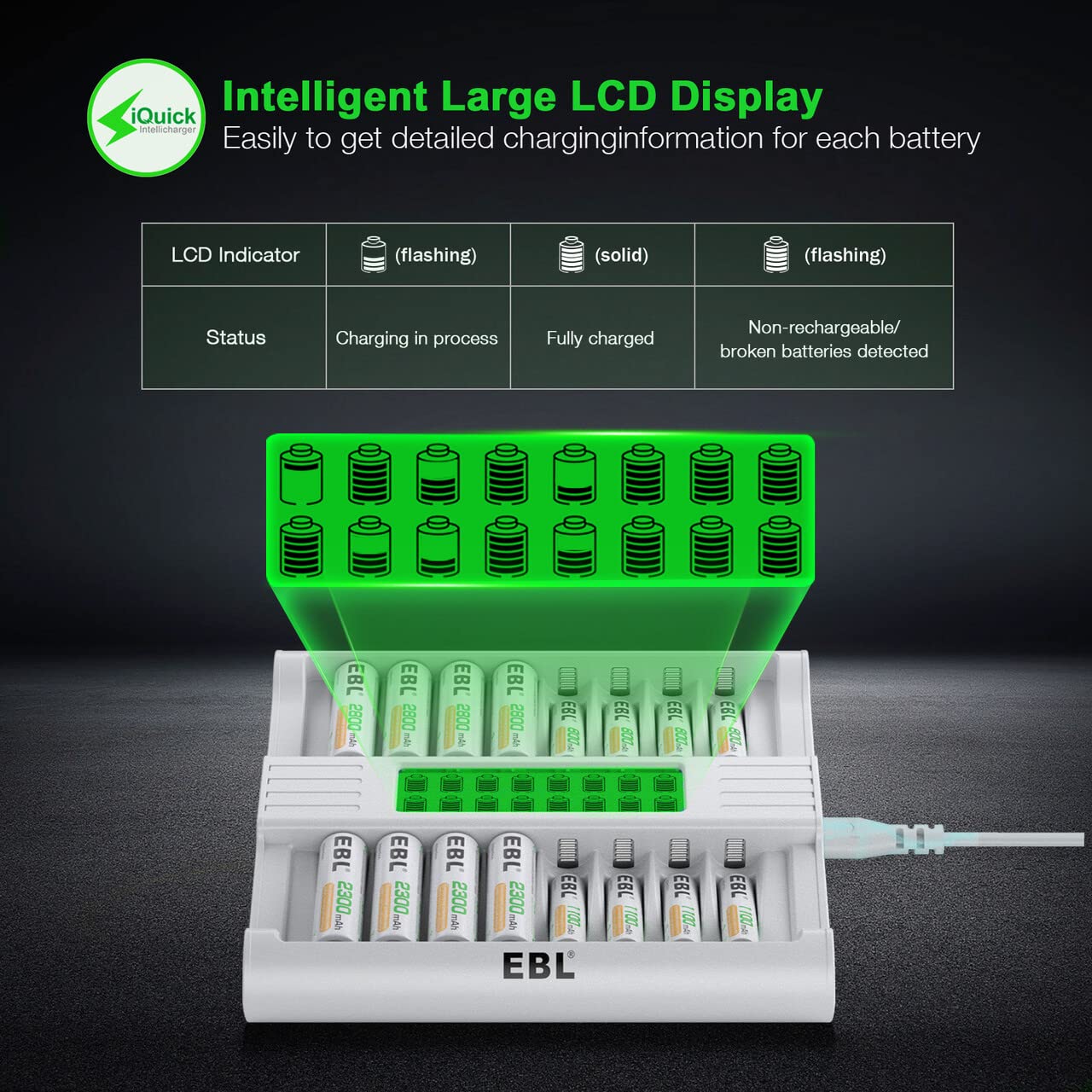 EBL AA Battery Charger, 16 Bay Batteries Charger with 1-Hour Fast Charging with LCD Display and AC Plug Cable for AA AAA NiMH Rechargeable Batteries
