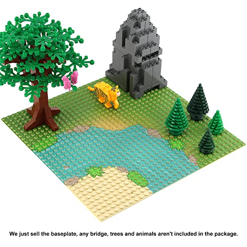 Feleph 4 Pieces Classic Baseplate with River and Grassland Pattern Base Plates for Building Blocks Mat 10 x 10 Inches Compatible with Major Brands