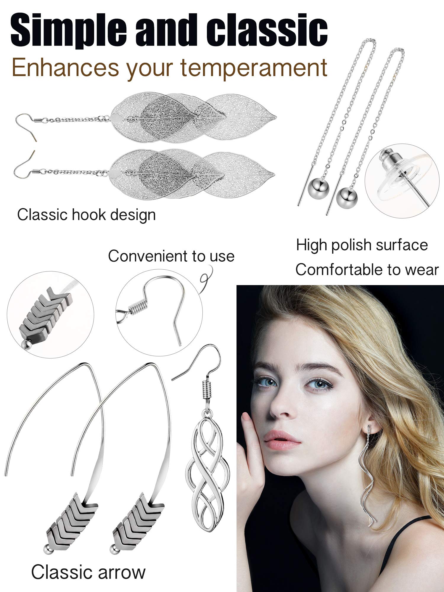 13 Pairs Metal Drop Dangle Earrings Set Curved Threader Dangle Earrings Double Twist Wave Long Bar Arrow Leaf Earrings (Silver)