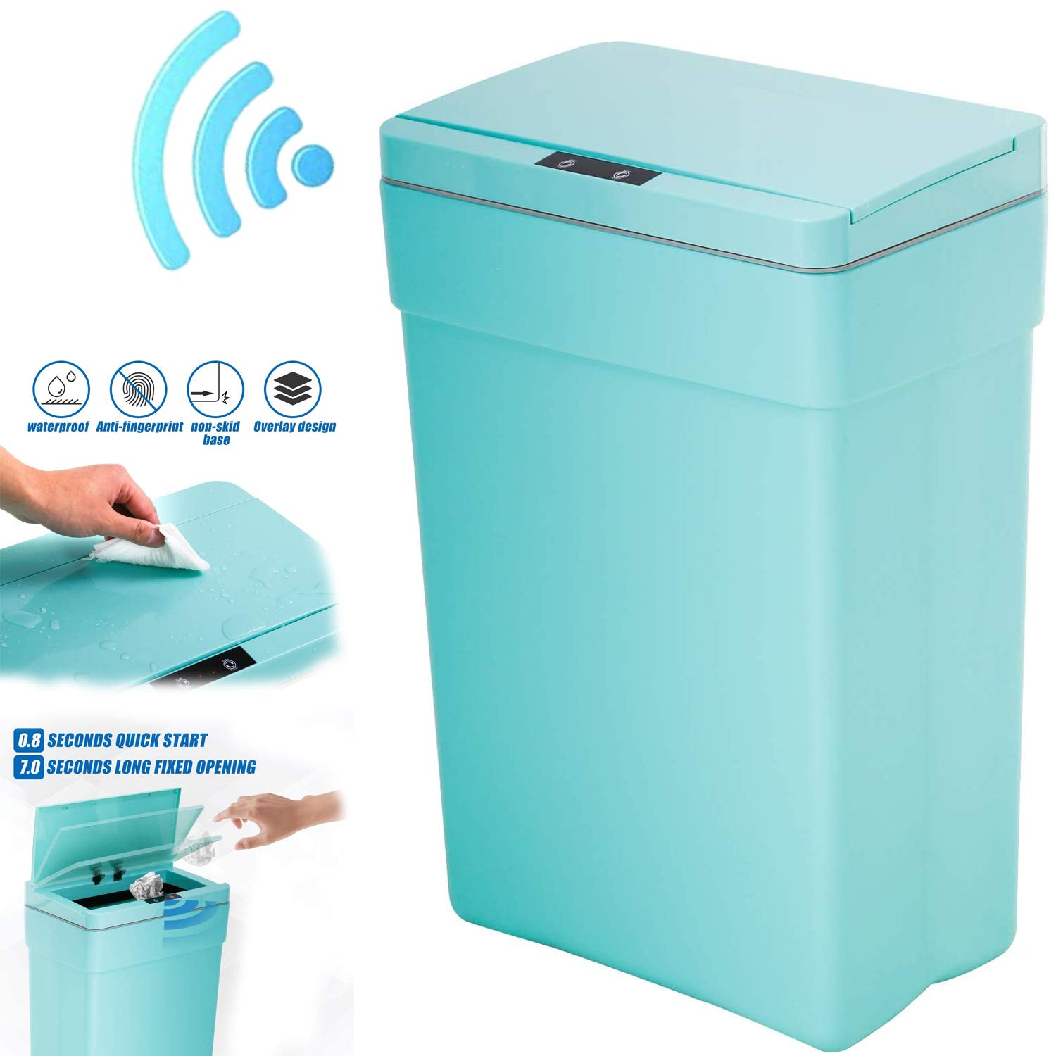 13 Gallon Touch Free Automatic Trash Can, 50L High-Capacity Electronic Motion Sensor Kitchen Garbage Can, Plastic Trash Bin Waste Bin with Lid for Kitchen Living Room Office, Blue - Set of 2