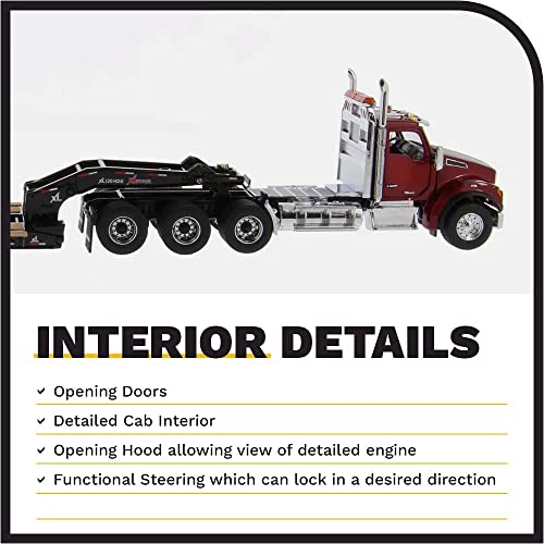 Diecast Masters Kenworth T880 SFFA Tractor Truck - Red | Day Cab with XL 120 Low-Profile HDG Trailer | Outrigger Style with Jeep & 2 Boosters | 1:50 Scale Model Semi Trucks | Diecast Model 71061