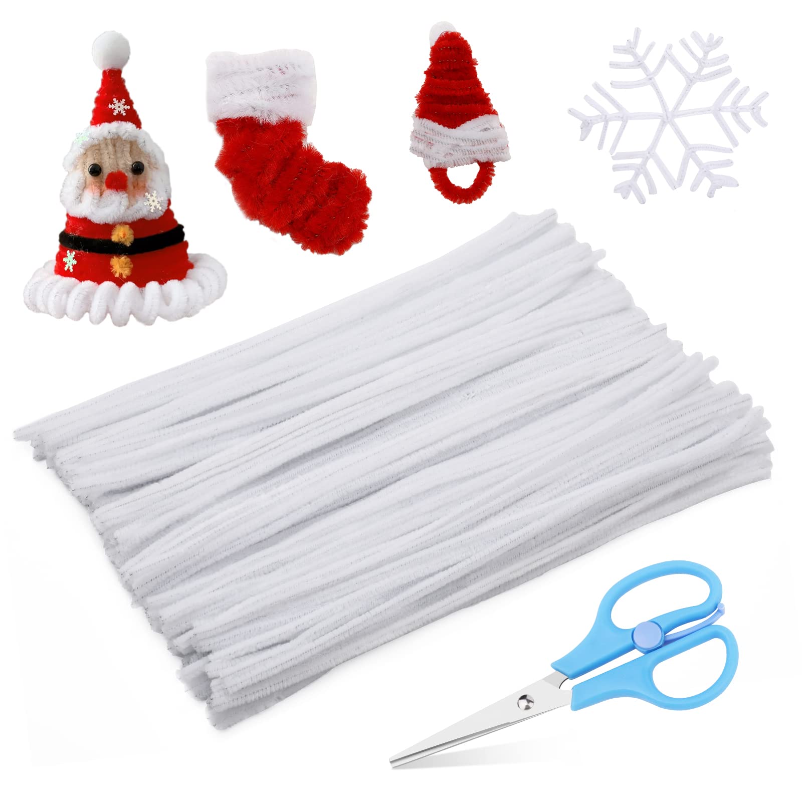 150 PCS Pipe Cleaner Chenille Stem + Scissors,White Pipe Cleaner for Crafts Easy Disposable Cleaning - 6mm x 12" for DIY Art Craft Decorations