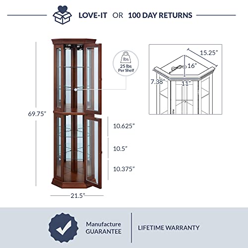 BELLEZE Lighted Wooden Corner Display Curio Cabinet, Two Section Shelving Unit with Tempered Glass Door, Bar and Liquor Storage Area with 6 Shelves - Lorona (Walnut)