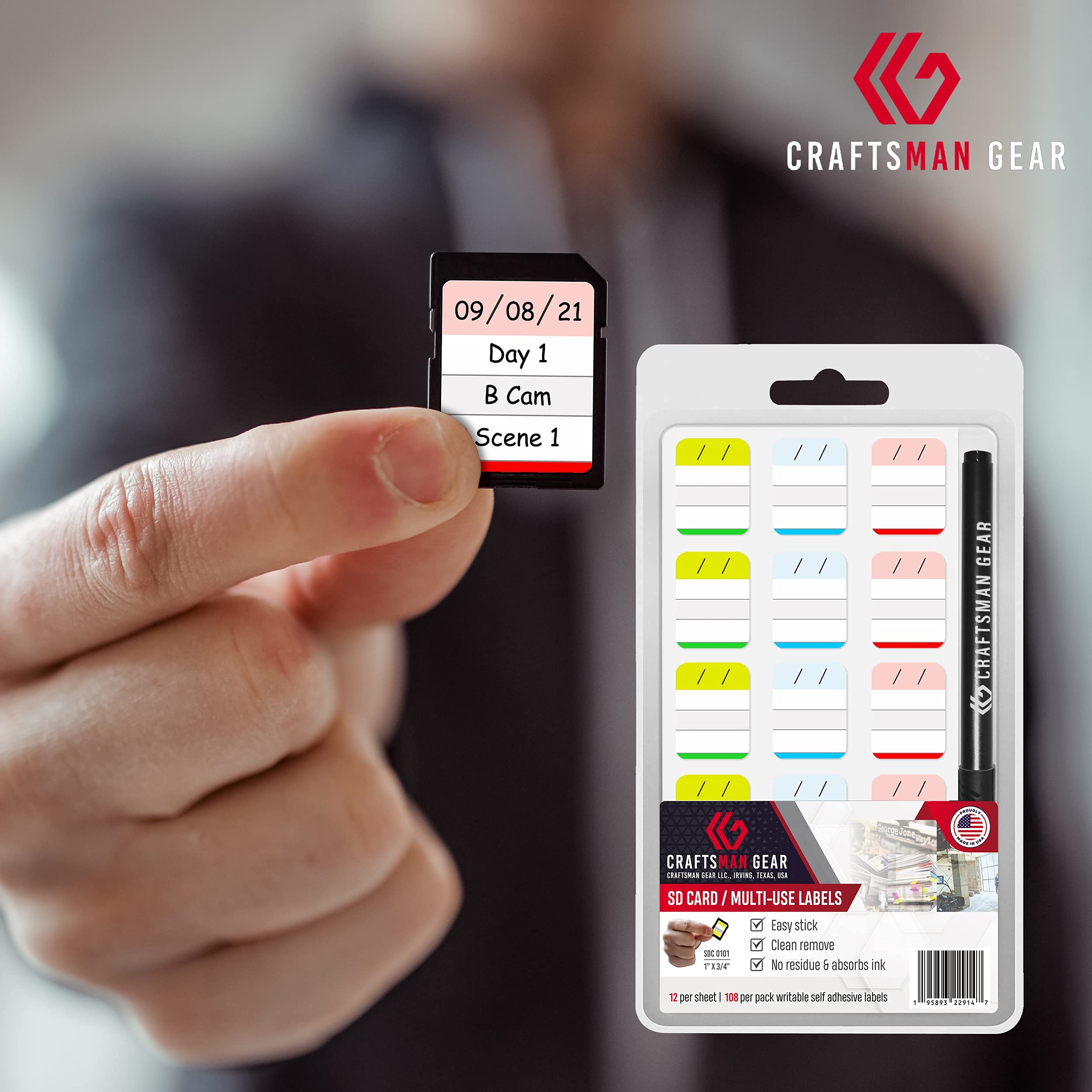 CGI Color (6) Coded Self Adhesive 120 SD Card Labels, 6 Cases, Felt Pen & Container Made in USA Removable Smudge Residue Free Writable Water Fade Resistant Stickers to Organize Memory Cards