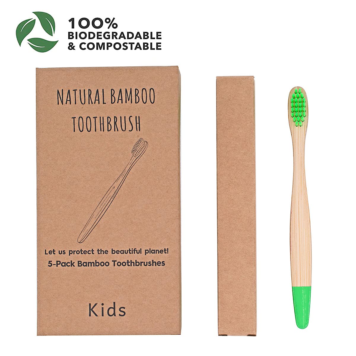 ECOPRO Kids Bamboo Toothbrushes 5 Pack Manual Toothbrush, Eco-Friendly Waterproof Wooden Handle Tooth Brushes Kit for Chidren