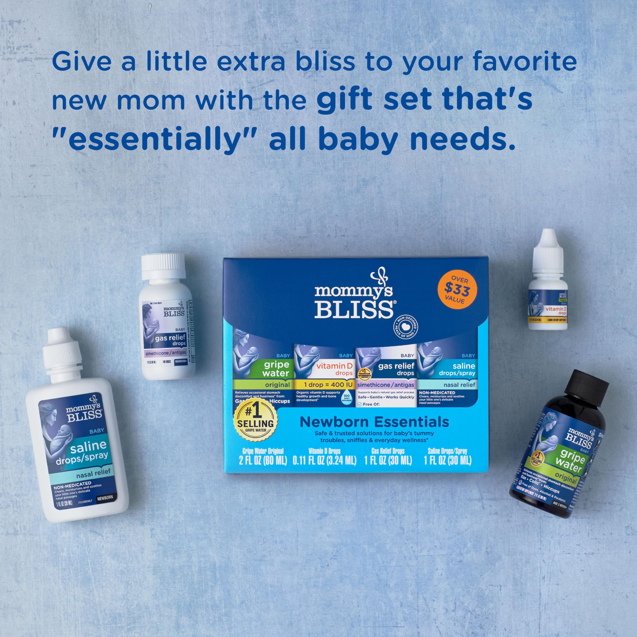 Mommy's Bliss Newborn Essentials Gift Set, Includes Gripe Water, Baby Vitamin D / Gas Drops and Gentle Saline Drops/Spray