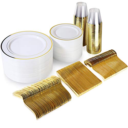 600 Piece Gold Dinnerware Set â 200 White and Gold Plastic Plates â Set of 300 Gold Plastic Silverware â 100 Gold Plastic Cups â Disposable Gold Dinnerware Set for Party or Wedding up to 100 Guests