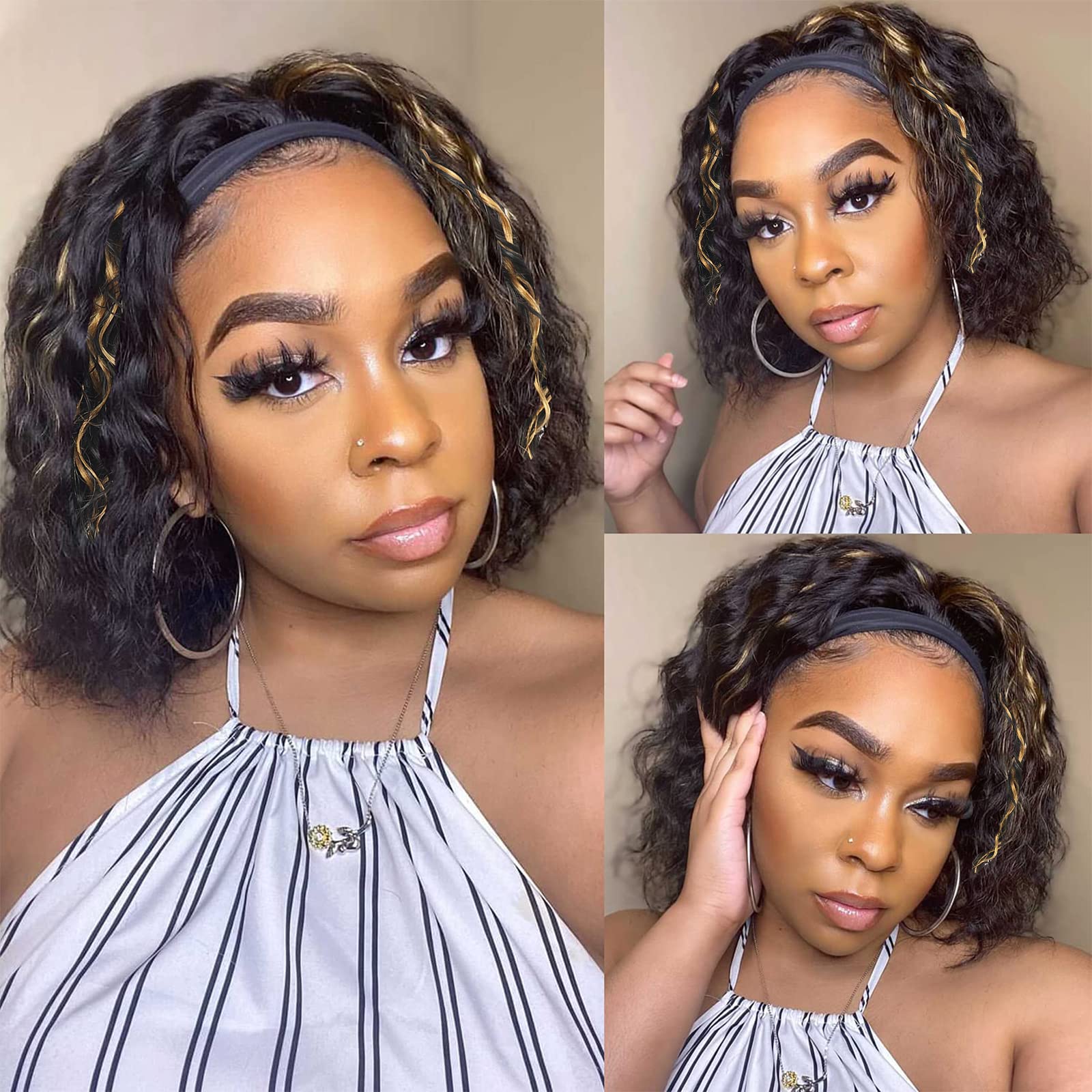 Kkioor Headband Wigs for Black Women 12inch Ombre Highlight P1b/27 Curly Headband Wigs Human Hair 10A Brazilian Remy Glueless None Lace Front Wigs 150% Density Body Curly Half Wigs