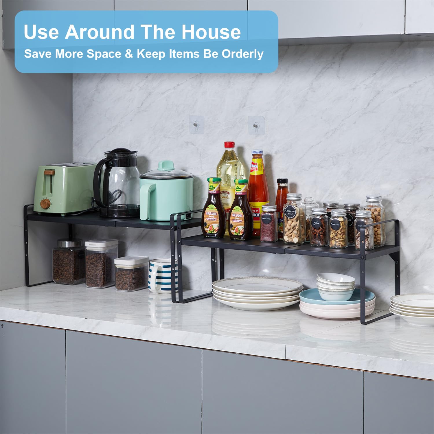 2 Pack Expandable Kitchen Cabinet Organizer Shelf, Stackable Kitchen Counter Storage Shelves Organizers, Adjustable Small Storage Shelf Rack Stand Riser For Mug Coffee Cup Dish Plate, Length: 25.5โ