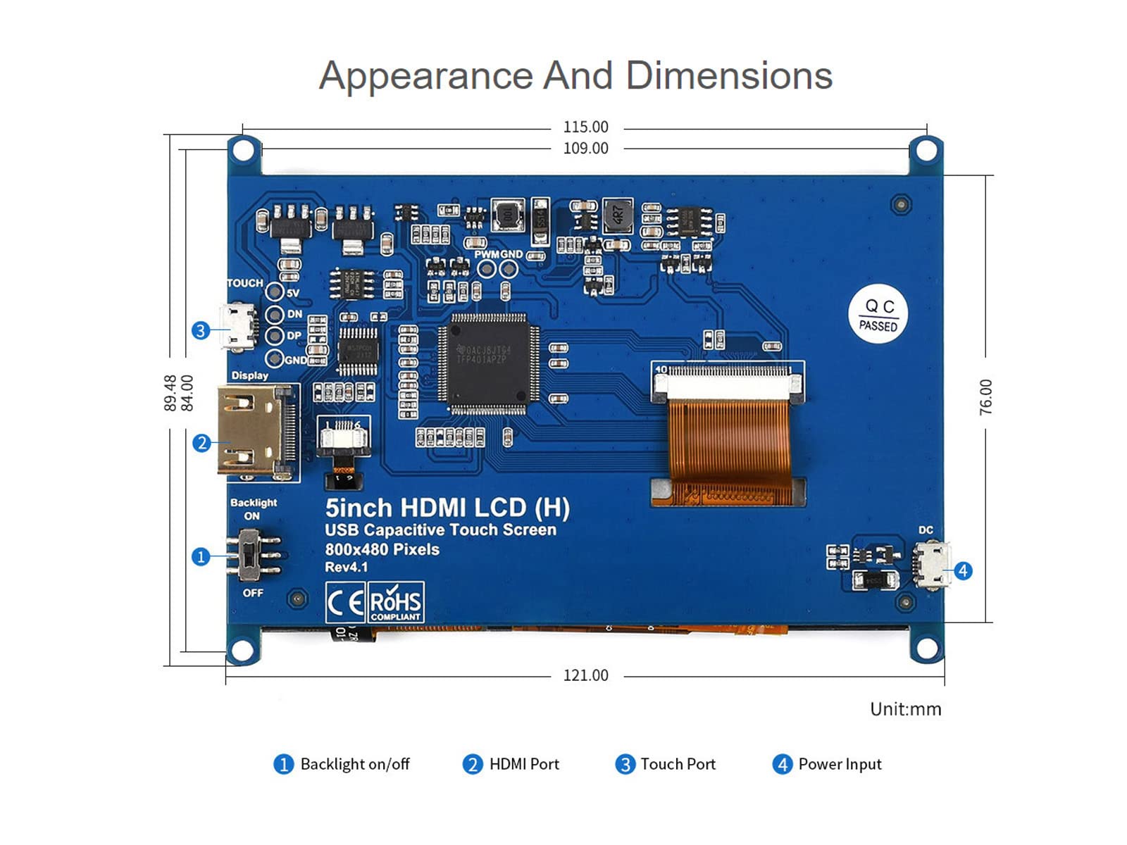 Waveshare 5inch Capacitive Touch Screen LCD Slimmed-Down Compatible with Raspberry Pi 5/4B/3B+/3A+/2B/B+/A+/Zero/Zero W/WH/Zero 2W CM3+/4 800×480 Resolution HDMI Toughened Glass Panel Supports Windows