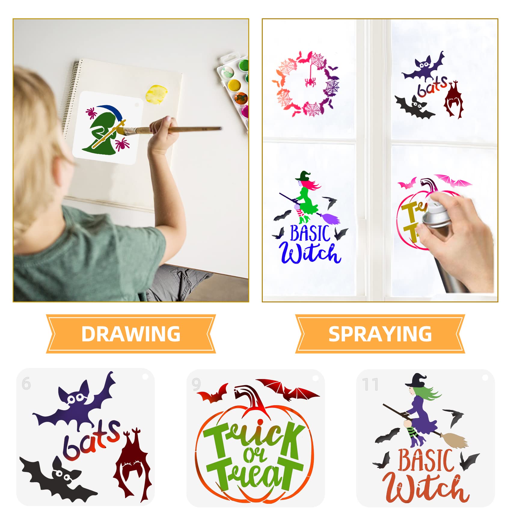 25pcs Halloween Stencils Reusable, 6x6"Halloween Stencils for Painting on Wood, Plastic Drawing Painting Spraying Template for Greeting Cards, Halloween Craft Ornaments Wall Window Door DIY Decoration