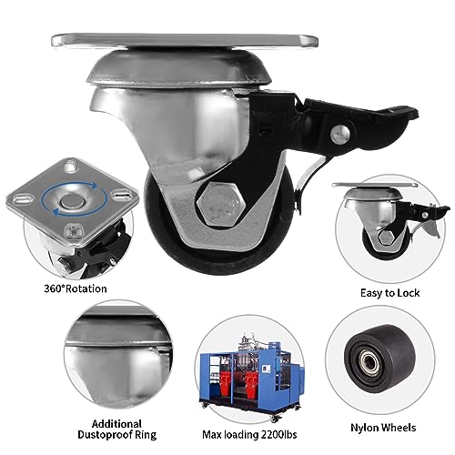 2 Inch Casters Wheels, Heavy Duty Casters Set of 4, Low Gravity Center Industrial Grade Casters with Brake 2200 LBS, No Noise Locking Plate Swivel Casters, Durable Nylon Wheels for Machine, Equipment