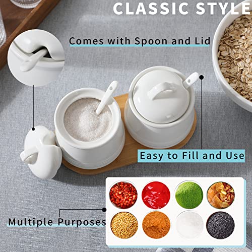 HAOTOP Ceramic Sugar Bowl 2 Pack, PorcelainJar with Tray, Spoon and Lid for Sugar, Pepper, Coffee, Spice, Salt, 12 Ounces (White)