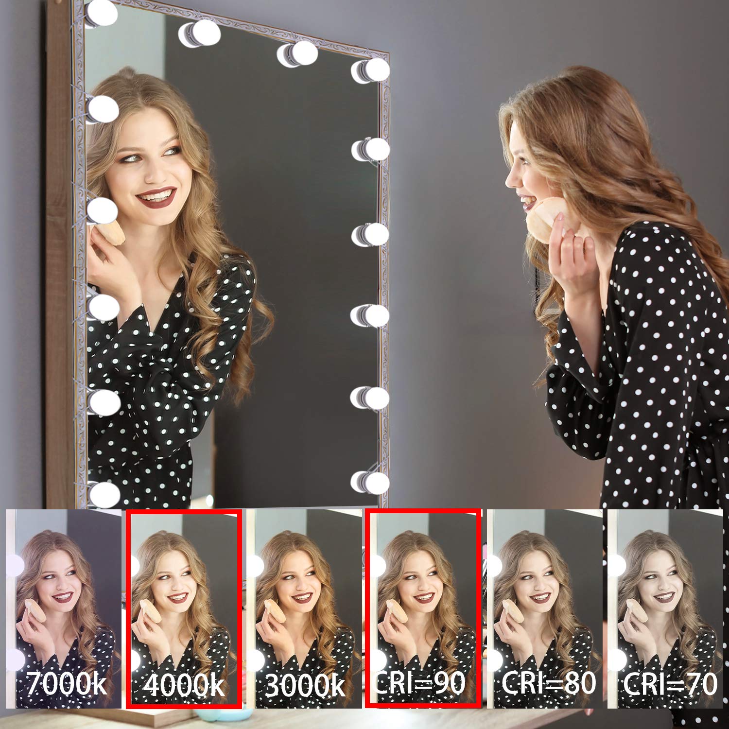 AIBOO LED Vanity Mirror Lights Kit, Stick on Dimmable Makeup Lights, 12V Mirror Lighting Strip Fixture for Vanity Dressing Table, Bedroom Wall Lights,CRI>90 (4000K Natural White,10 Bulbs)