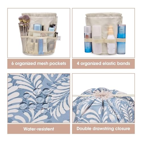 Barrel Drawstring Makeup Bag Travel Cosmetic Bag Large Toiletry Organizer Waterproof for Women (Large, Blue Leaf)