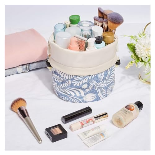 Barrel Drawstring Makeup Bag Travel Cosmetic Bag Large Toiletry Organizer Waterproof for Women (Large, Blue Leaf)