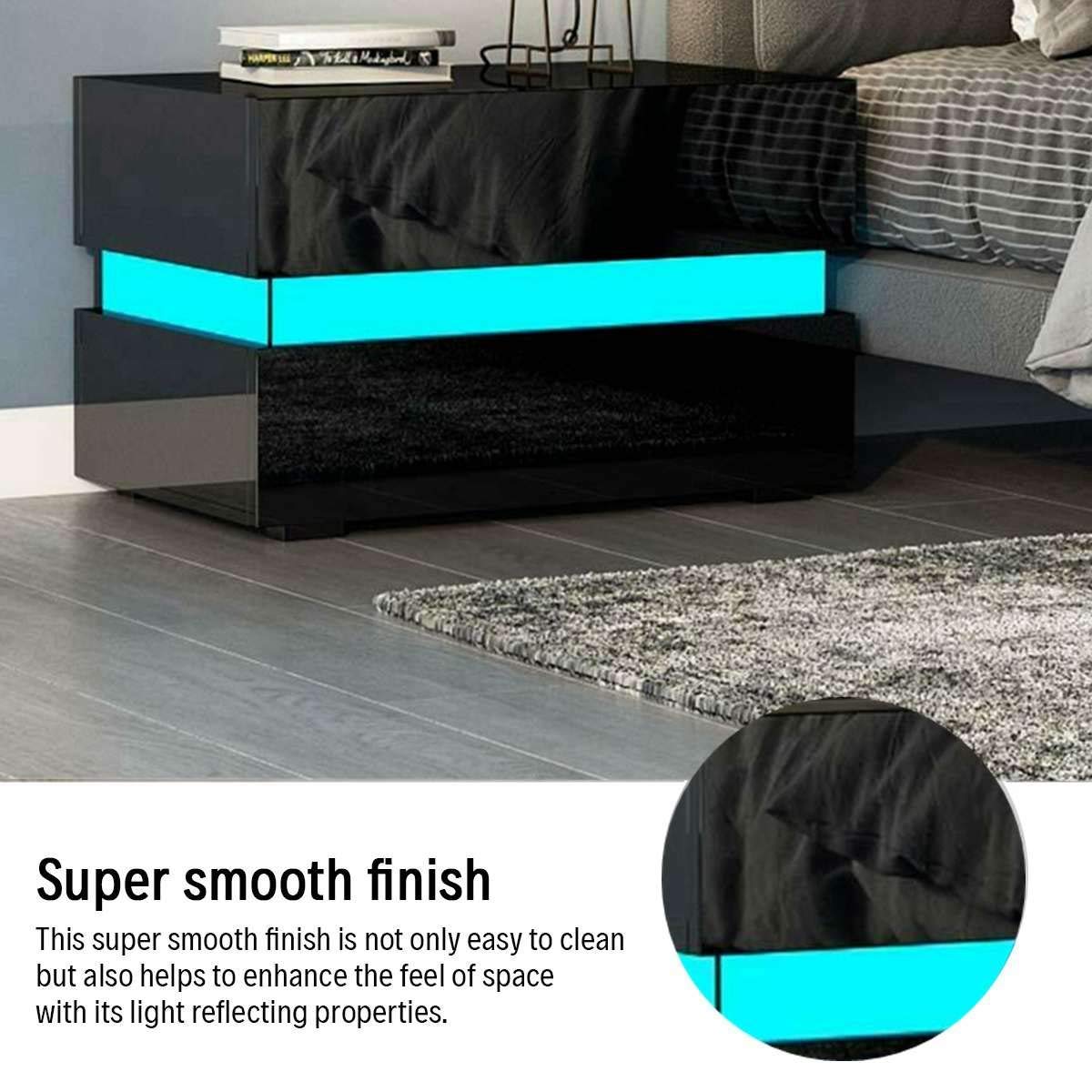 2 Drawer Nightstand Modern LED Light 2 Drawer High Gloss Bedside Nightstand(Black)