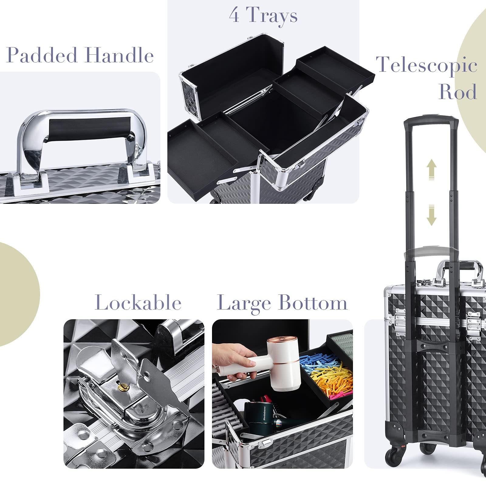 Mecucasi Rolling Makeup Train Case Large Cosmetic Trolley Organized Aluminum Barber Case for Hairstylist Makeup Nail Tech Salon with Keys Swivel Wheels Traveling Cart Trunk - Black