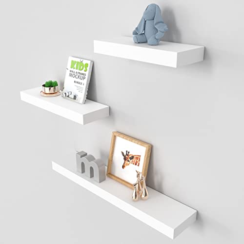 Ballucci Modern Floating Shelves for Wall, Set of 3 Wood Wall Mount Ledges for Living Room, Bedroom, Nursery, Bathroom, Kitchen, 12", 16", 24" - White