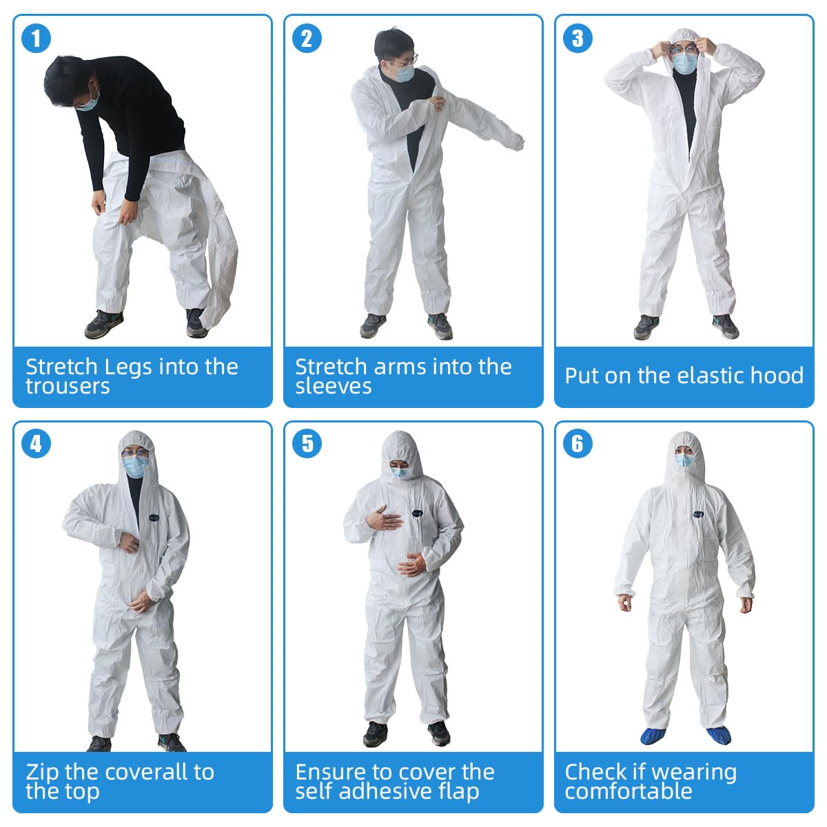 VVicogard Protective Overalls Disposable Coveralls, Front Zipper Elastic Waistband & Cuffs Ankles, SMS Isolation Coverall Suit with Hood for Hospitals, Laboratories, Medical