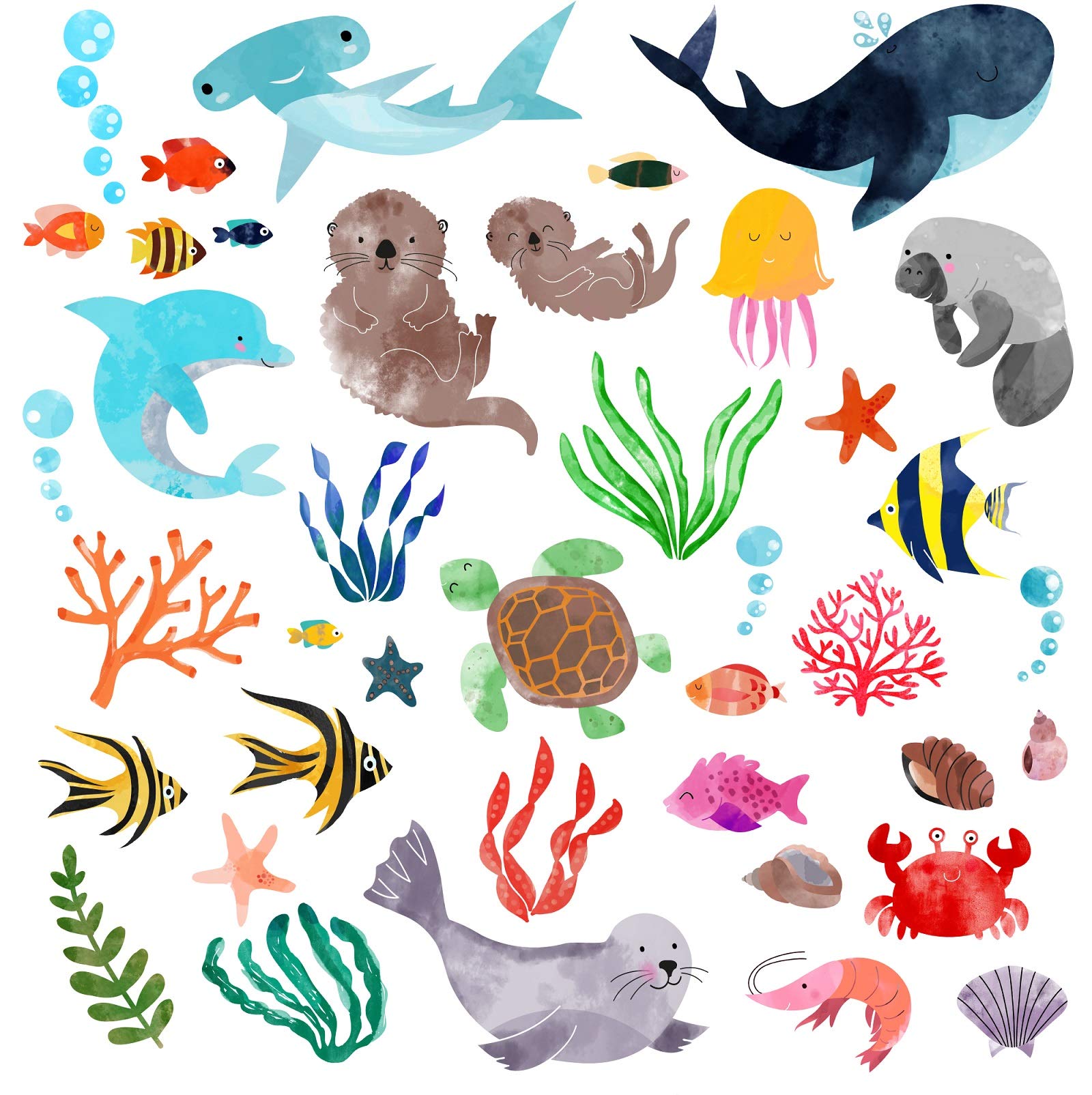 Cute Watercolor Sea Animals Peel & Stick Wall Art Stickers Decals for Kids Room/Nursery/Living Room/Playroom/Classroom