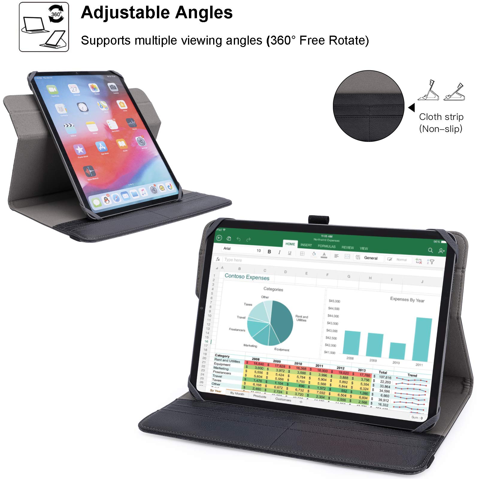 GoodCase 9-10.9 Inch Universal Tablet Case, Protective Cover Stand Folio Case for 9" - 10.9" Inch Android Touchscreen Tablet, with 360 Degree Rotatable Kickstand and Multiple Viewing Angles (Black)