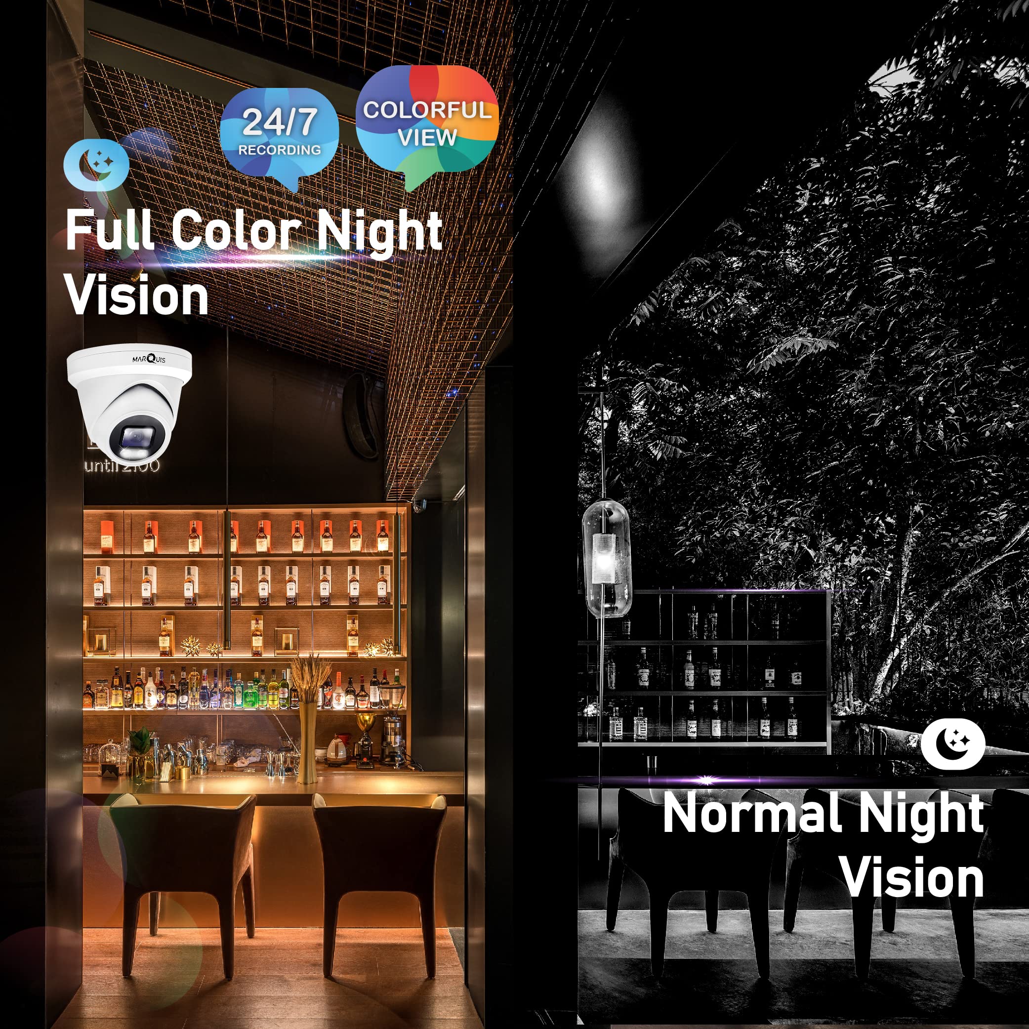 Marquis, 5MP Lite 4MP 2MP 247 FullColor HD TVICVIAHDCVI Turret Dome CCTV Security Camera, Indoor Outdoor Color Night Vision Waterproof Analog Surveillance Camera 2.8mm Lens, White