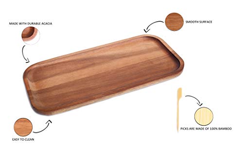 Dstuff Wood Serving Platter Tray Plate, Bathroom Vanity Tray, Wooden Steak Plates, Set of 1 Small Wood Tray + 30 Paddle Picks, Solid Natural Rectangular Acacia Board for Food Party Cheese Appetizer,