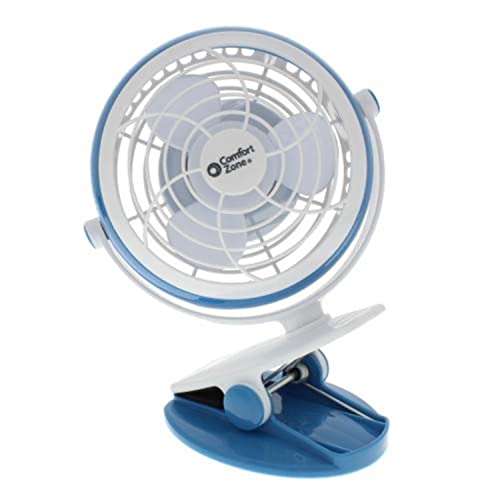 Comfort Zone CZBT4BL 4” USB or Battery Powered Dual Base Combo Clip-on or Desk Fan, Single Speed Setting, Adjustable Tilt, Lightweight, Blue